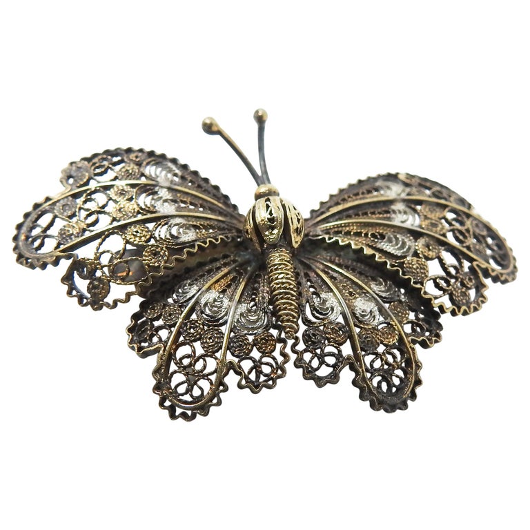 Sterling Silver and Gold Filigree Butterfly Brooch For Sale at 1stDibs