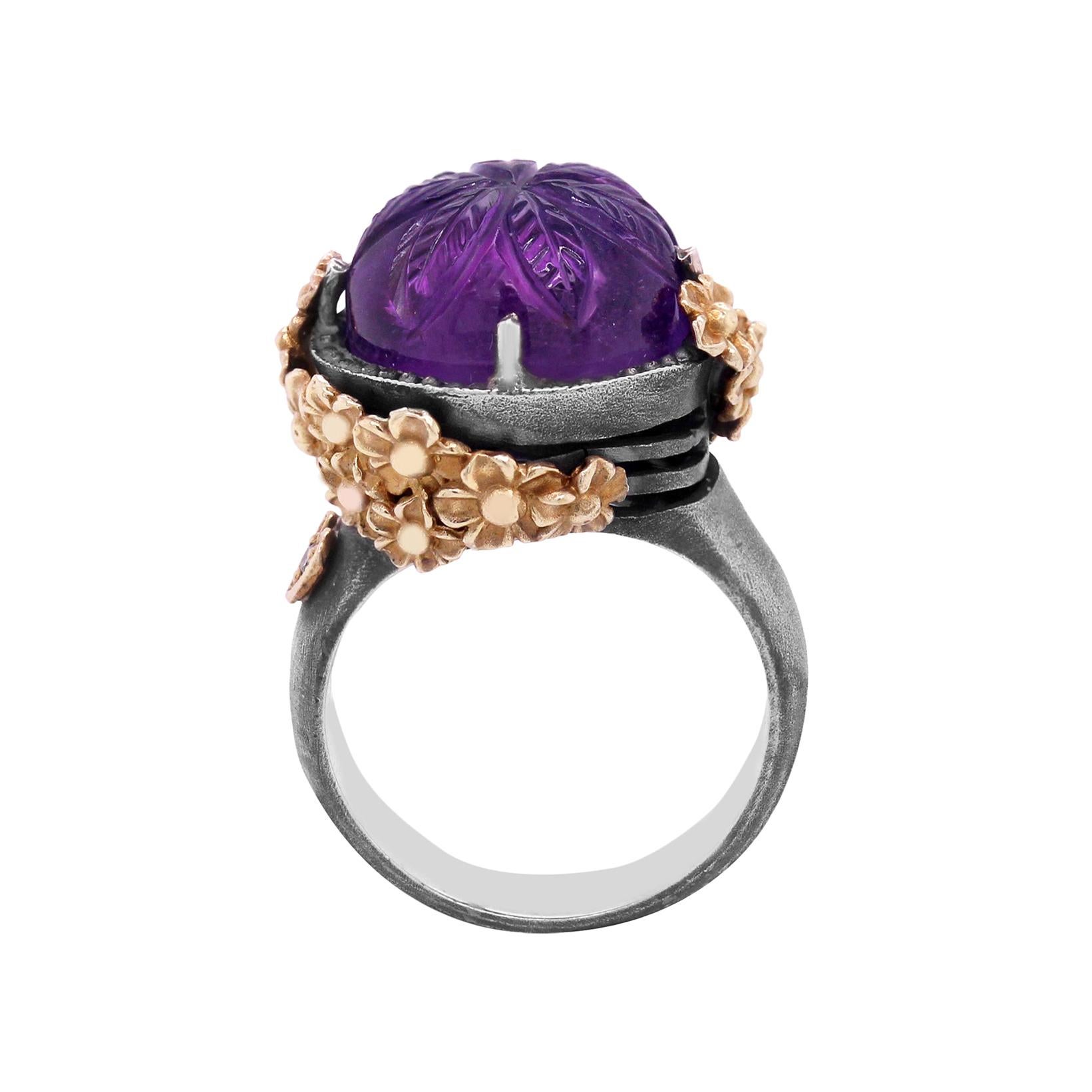 Sterling Silver and Gold Rose Ring with Floral Carved Amethyst Center ...