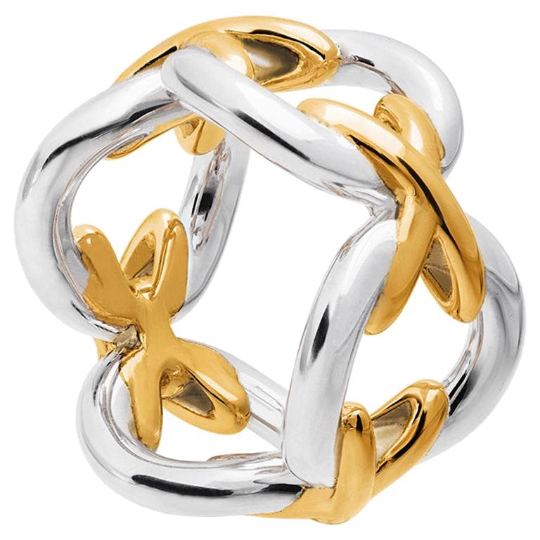 Sterling Silver And Gold Vermeil X Chain Ring, Size 65 For Sale at 1stDibs