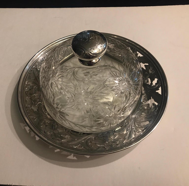 Sterling Silver and Intaglio Cut Glass Butter Dish For Sale at 1stDibs