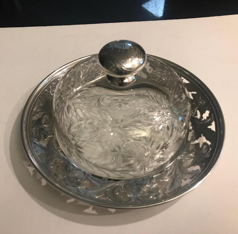 Sterling Silver and Intaglio Cut Glass Butter Dish For Sale at 1stDibs