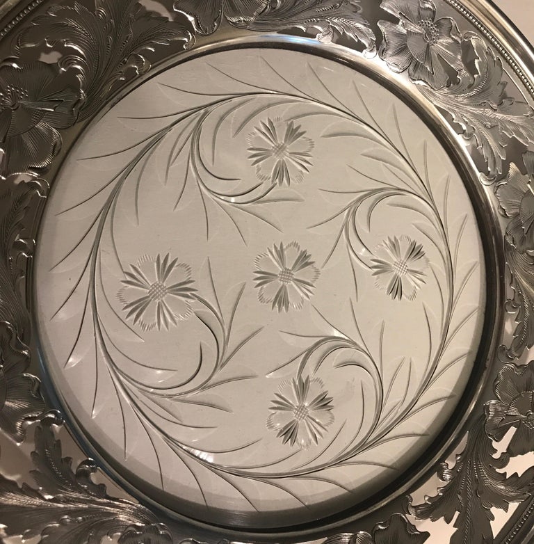 Sterling Silver and Intaglio Cut Glass Butter Dish For Sale at 1stDibs