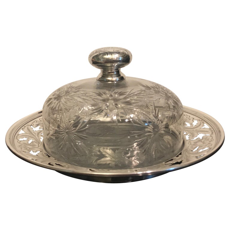 Sterling Silver and Intaglio Cut Glass Butter Dish For Sale at 1stDibs