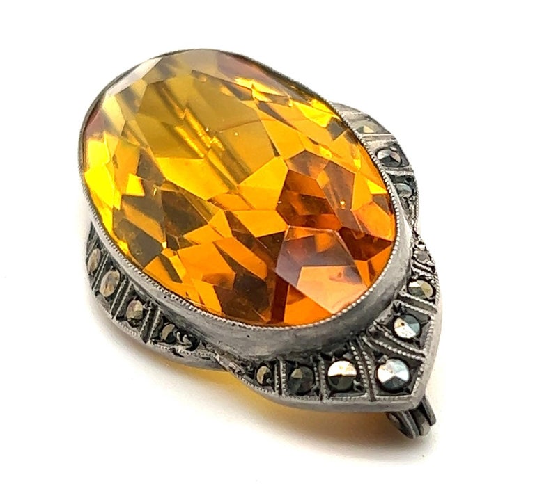 Sterling Silver and Marcasite Art Deco Pin with Amber Colored Glass For ...