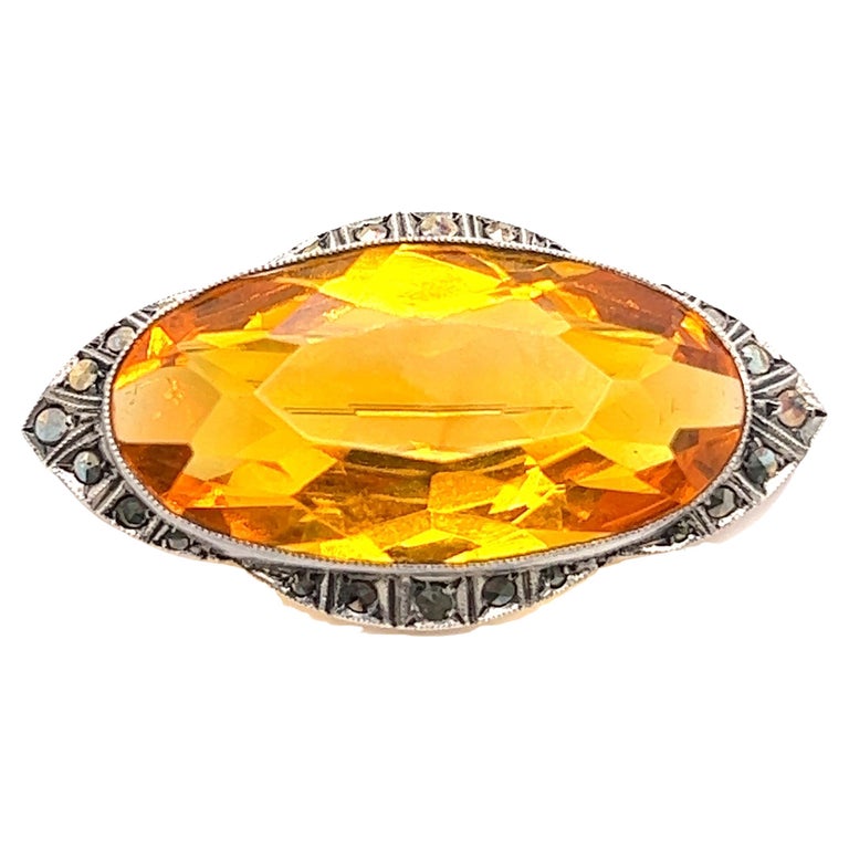 Sterling Silver and Marcasite Art Deco Pin with Amber Colored Glass For ...