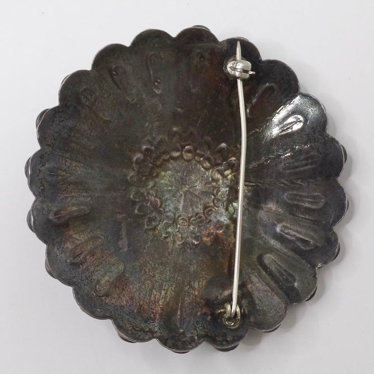 Sterling Silver and Turquoise Flower Brooch For Sale at 1stDibs