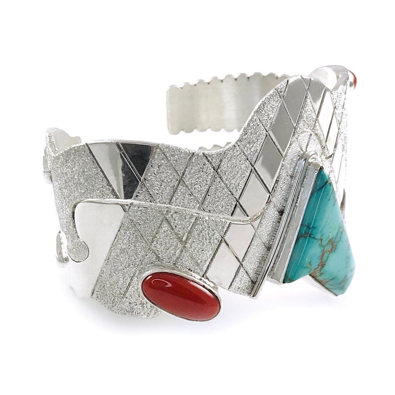 Sterling Silver Blue Carico Turquoise Dual Snake Cuff For Sale at 1stDibs