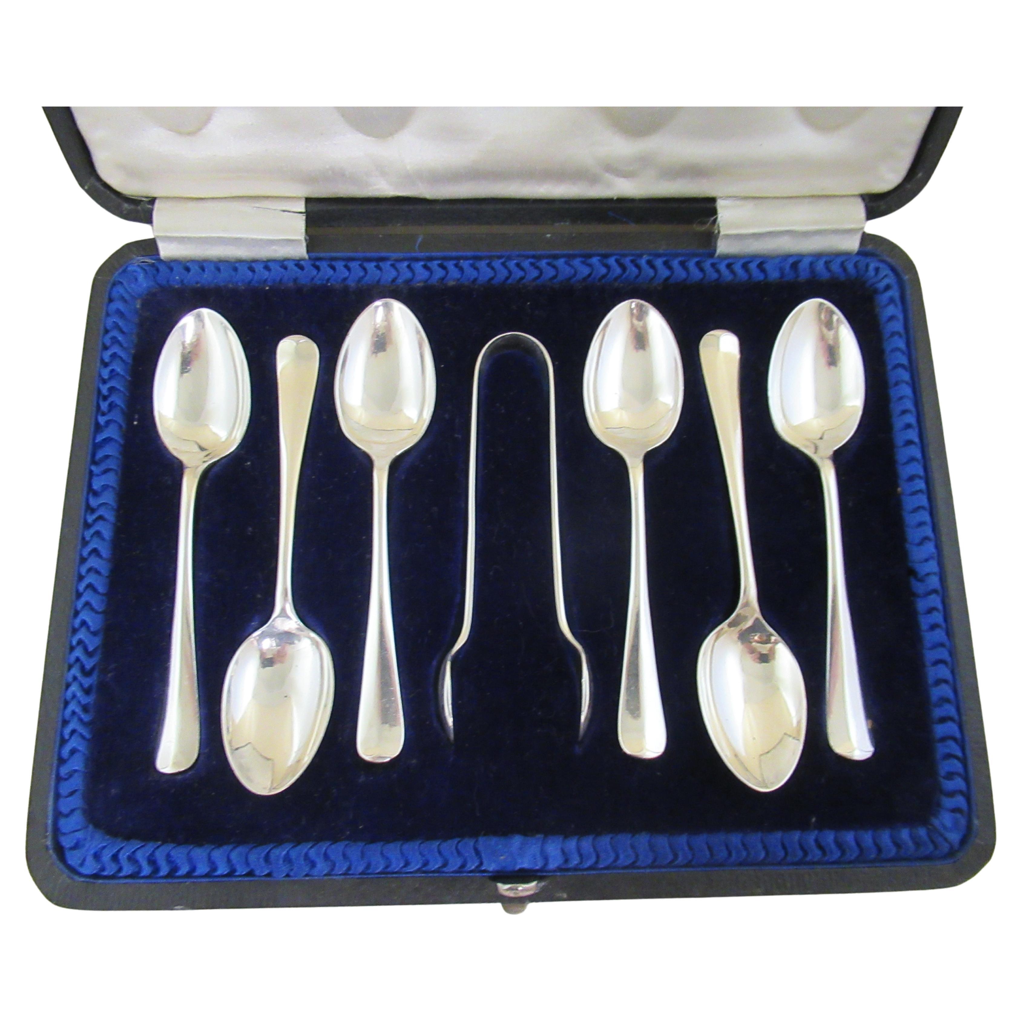 Sterling Silver Box of 6 RAT-TAIL TEASPOONS + TONGS Hallmarked ...