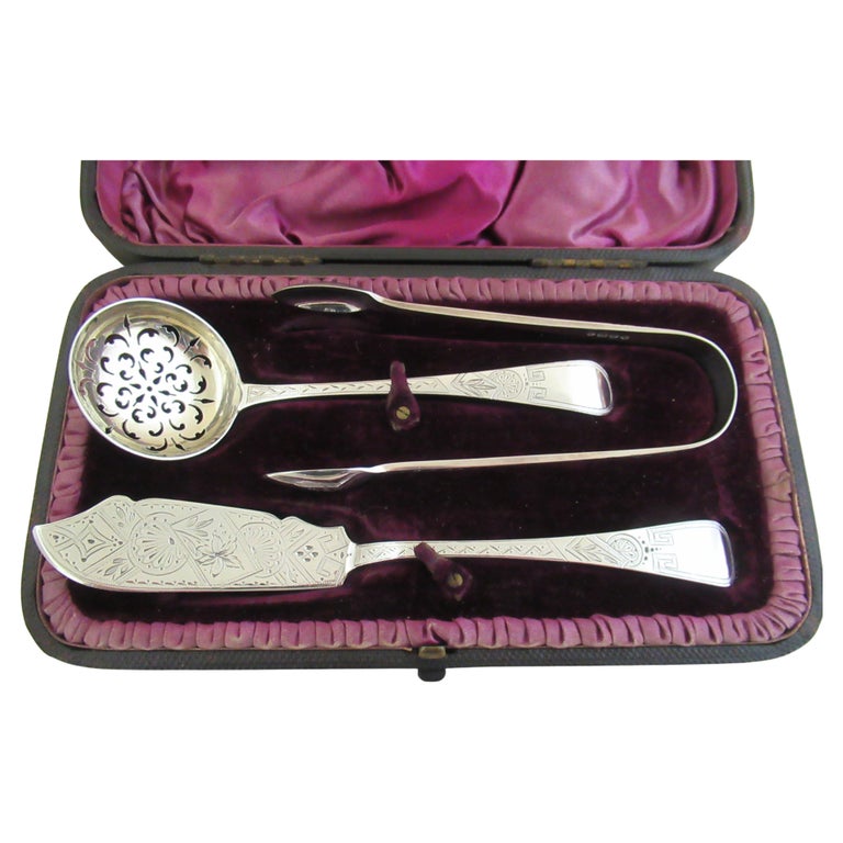 Sterling Silver - Boxed Butter Knife, Sifter Spoon and Sugar Tongs ...