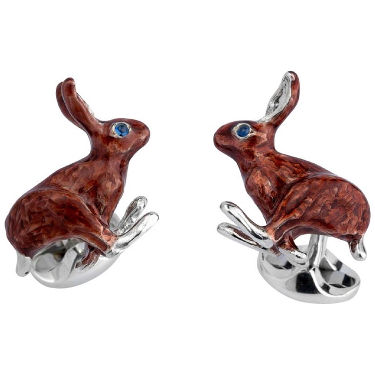 Sterling Silver Brown Hare Cufflinks with Sapphire Eyes For Sale at 1stDibs