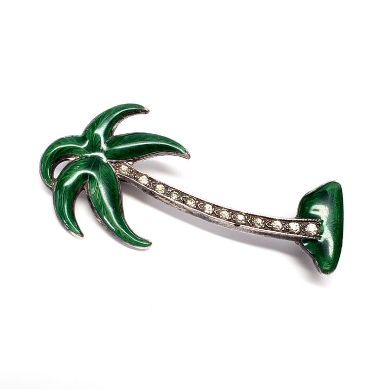Sterling Silver Clear Stone Green Enamel Palm Tree Pin at 1stDibs
