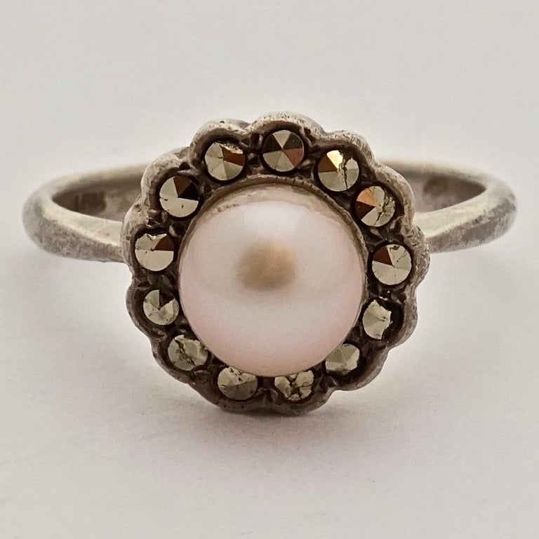 Sterling Silver Cultured Pearl and Marcasite Ring circa 1930s For Sale ...
