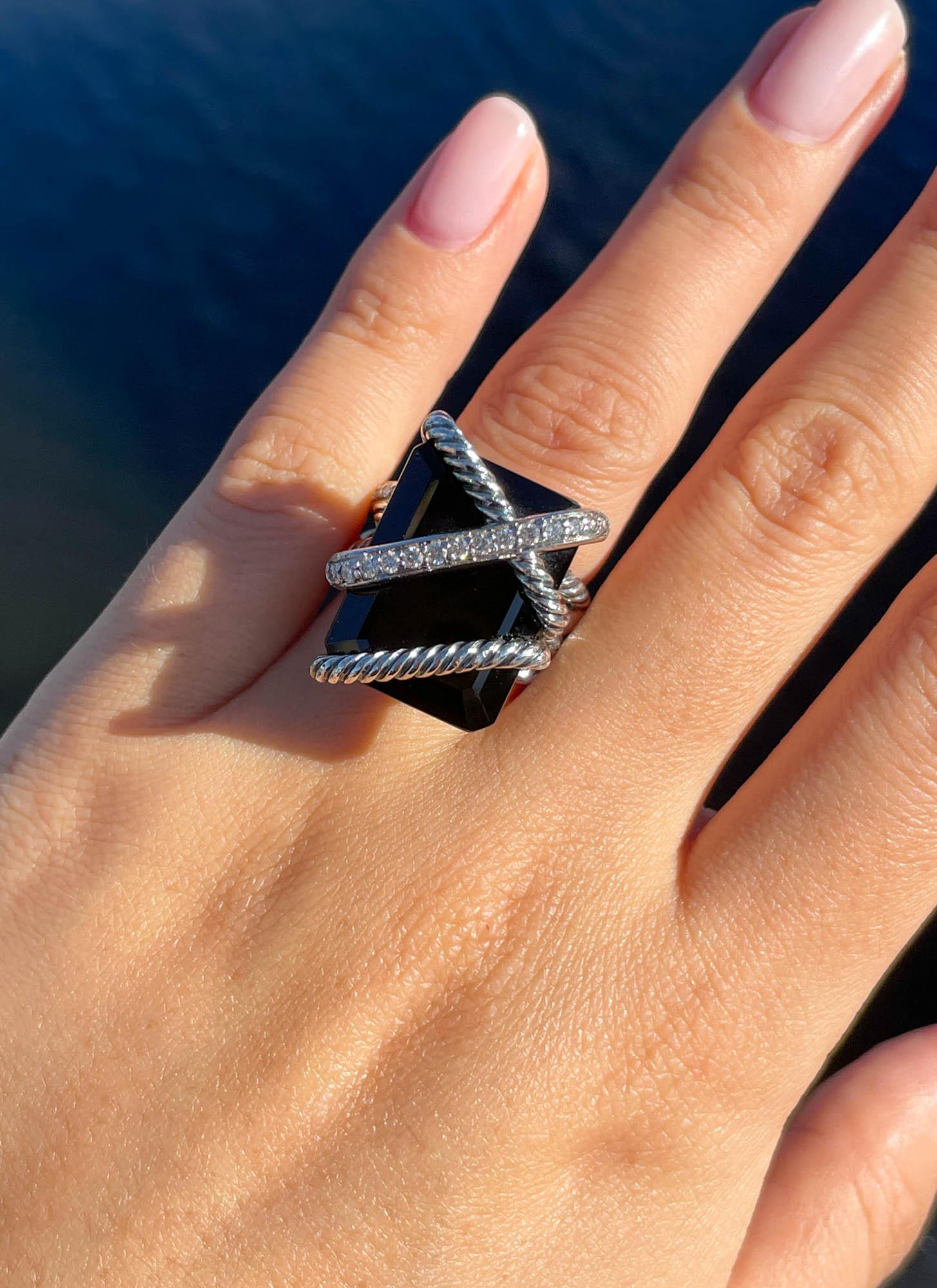 Sterling Silver David Yurman Diamond and Onyx Ring For Sale at 1stDibs