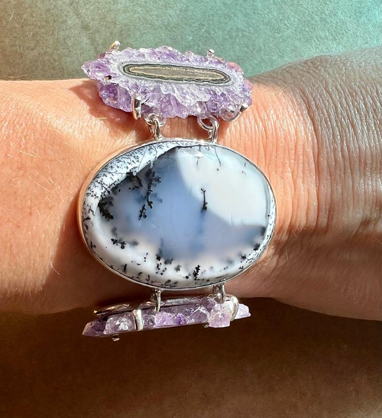 Sterling Silver Dendritic Agate and Amethyst Bracelet For Sale at 1stDibs