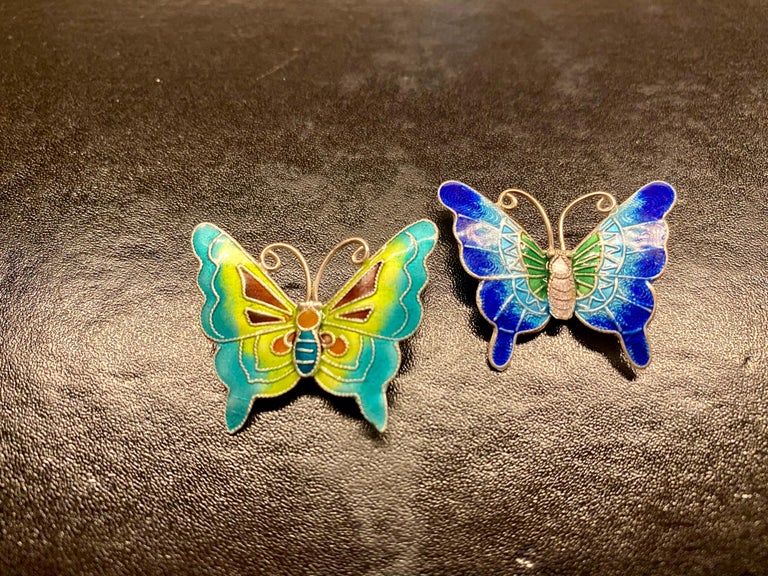 Sterling Silver Enameled Butterfly Brooch Pair For Sale at 1stDibs