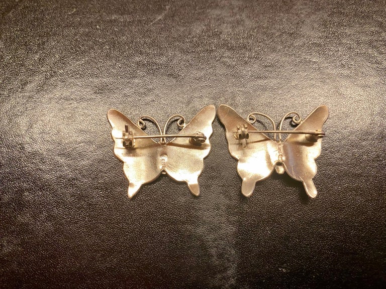 Sterling Silver Enameled Butterfly Brooch Pair For Sale at 1stDibs