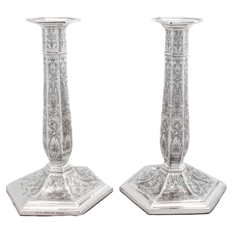 Sterling Silver Etched Candlesticks For Sale at 1stDibs
