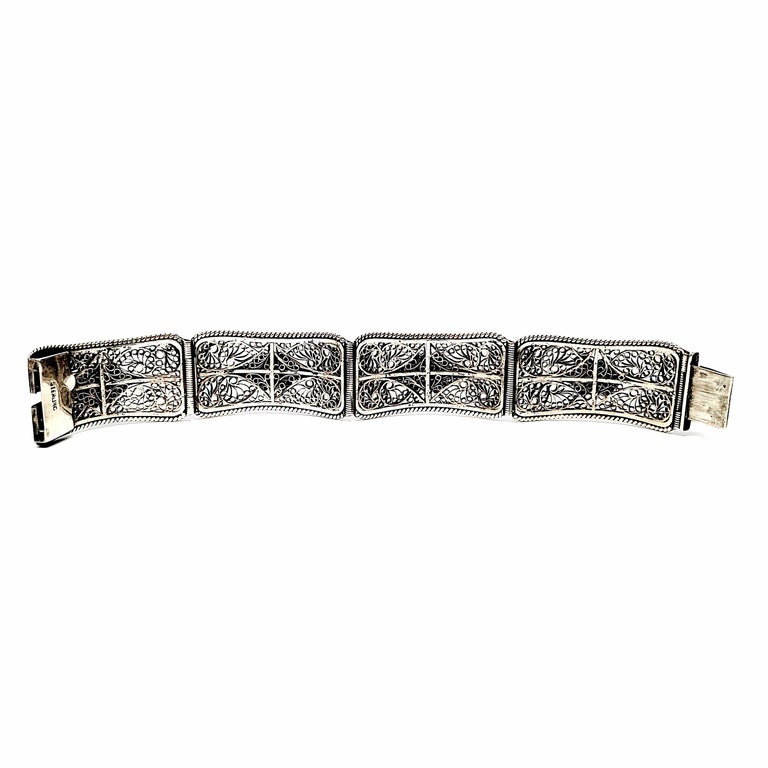 Sterling Silver Filigree Hinged Panel Link Bracelet For Sale at 1stDibs