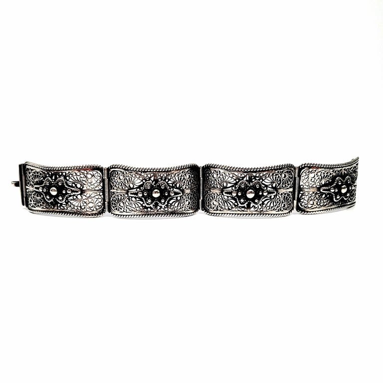 Sterling Silver Filigree Hinged Panel Link Bracelet For Sale at 1stDibs