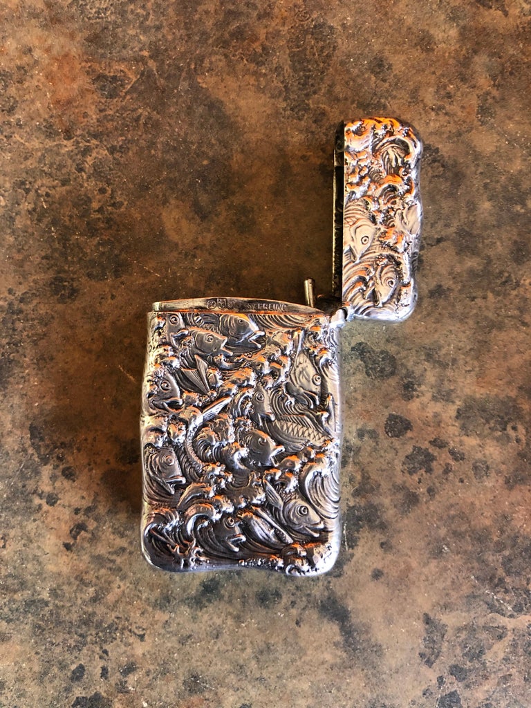 Sterling Silver Fish Pattern Repousse Match Safe / Vesta at 1stDibs
