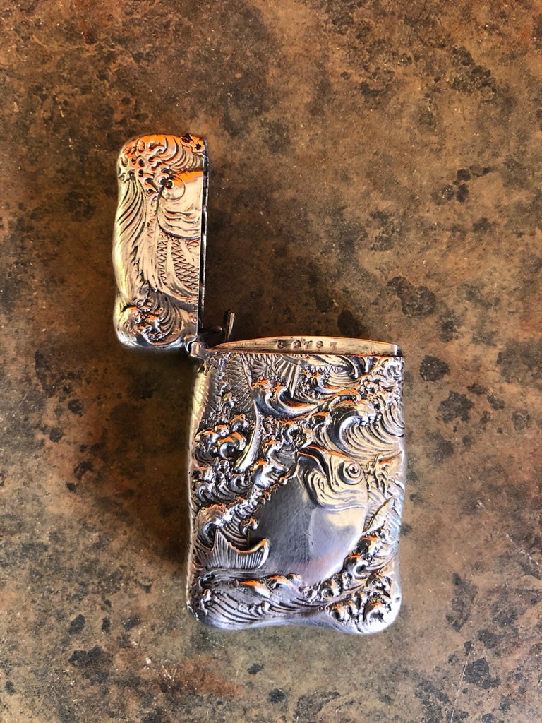 Sterling Silver Fish Pattern Repousse Match Safe / Vesta at 1stDibs