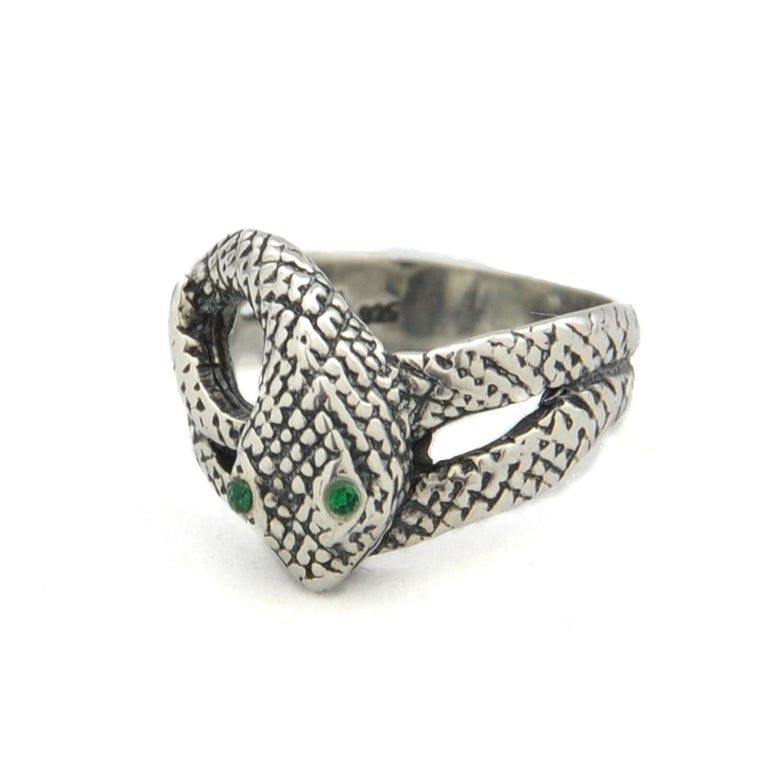 Sterling Silver Green Eyes Snake Ring For Sale at 1stDibs