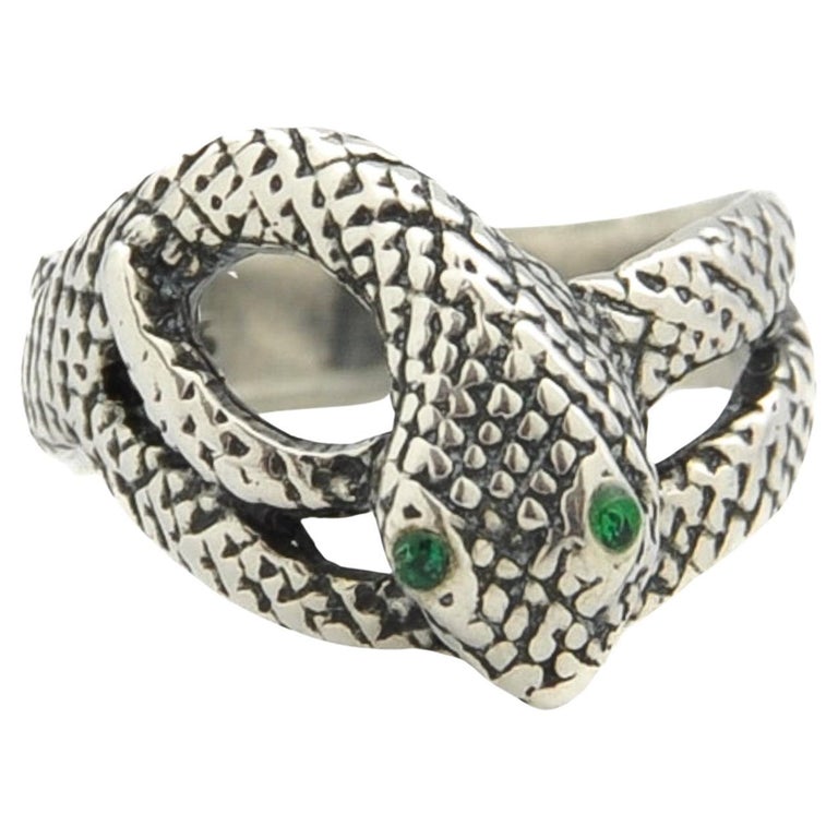 Sterling Silver Green Eyes Snake Ring For Sale at 1stDibs