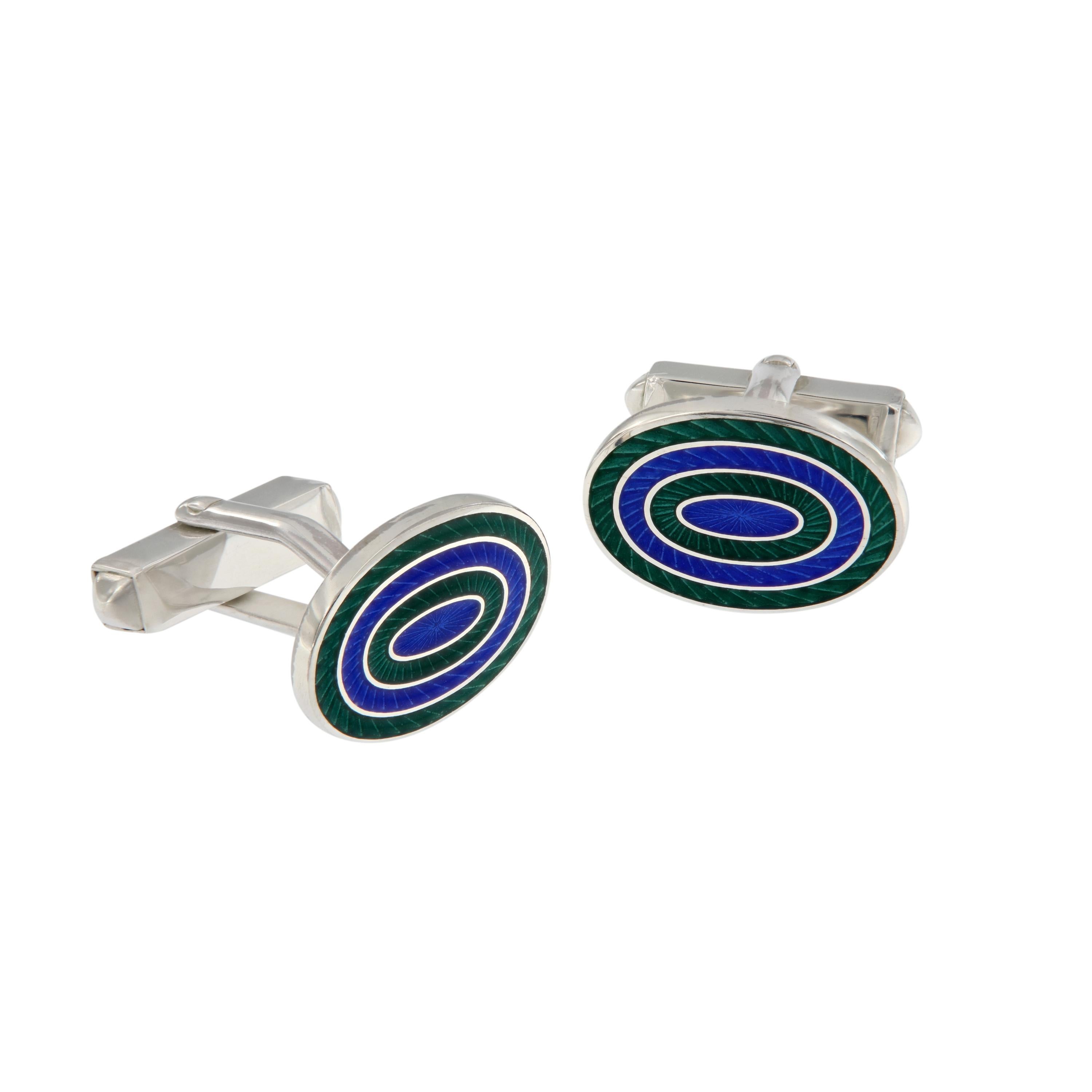 Art Deco Pair of Sterling Silver and Guilloche Enamel Cufflinks at 1stDibs