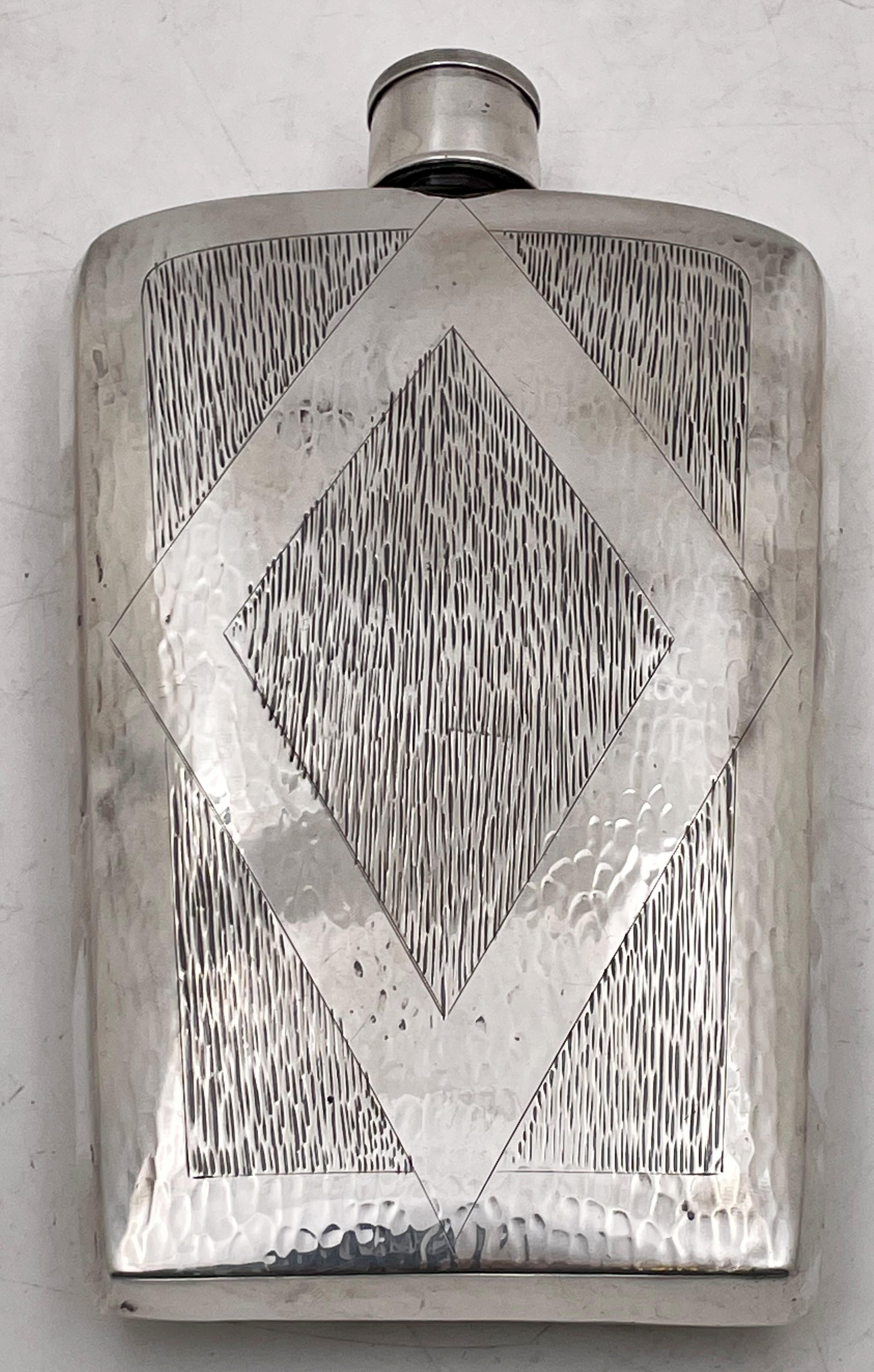 Sterling Silver Hammered Flask in Art Deco Style with Collapsible Shot ...