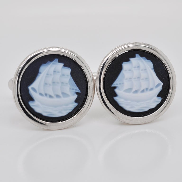 Sterling Silver Hand Carved Chalcedony Ship Yacht Cufflinks For Sale at ...