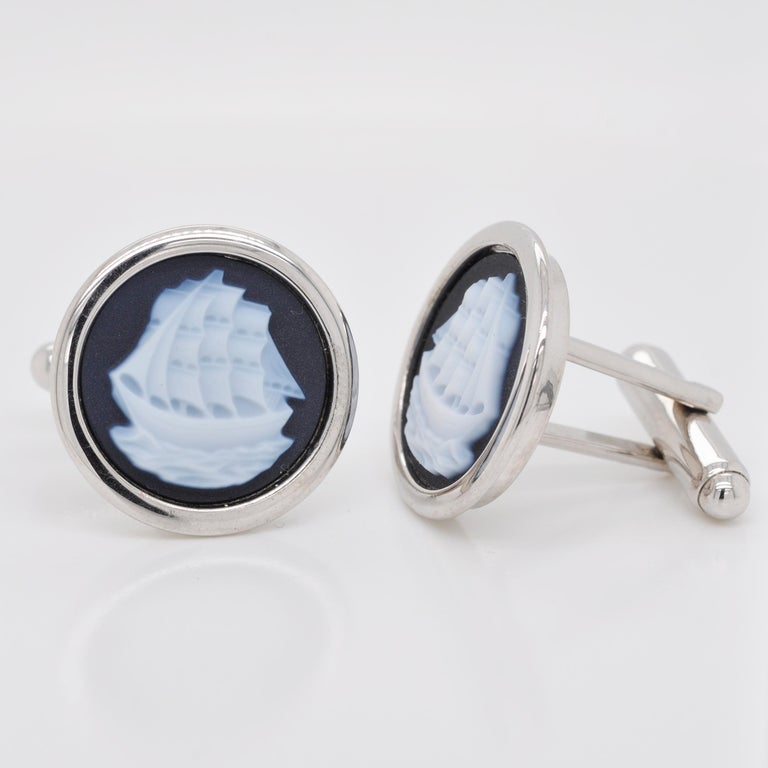 Sterling Silver Hand Carved Chalcedony Ship Yacht Cufflinks For Sale at ...