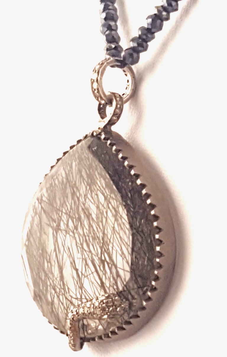 Sterling Silver Hematite, Diamond Snake and Rutilated Quartz Necklace ...