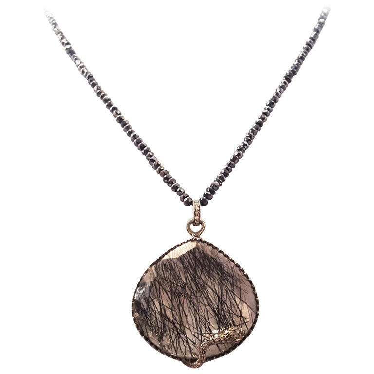 Sterling Silver Hematite, Diamond Snake and Rutilated Quartz Necklace ...