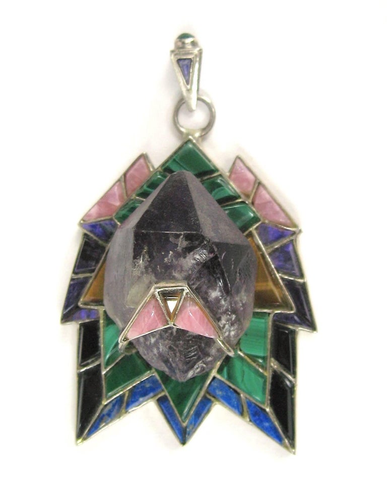 Sterling Silver Lapis Amethyst Malachite Multi Gem Stone Face Pendant ...