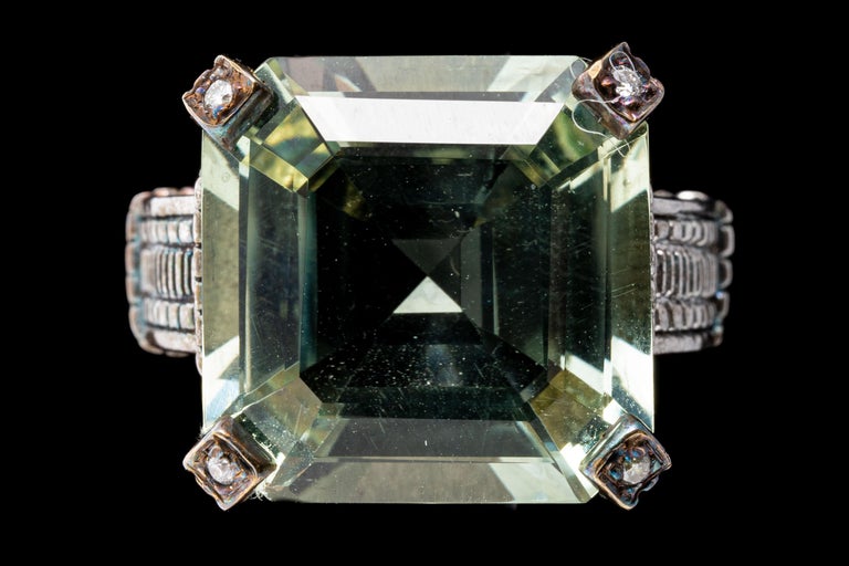 Sterling Silver Large Square Faceted Green Prasiolite and Diamond Ring ...