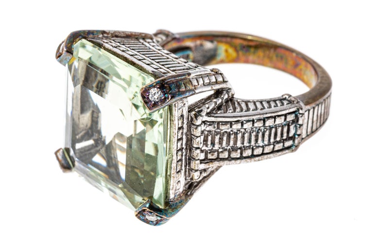 Sterling Silver Large Square Faceted Green Prasiolite and Diamond Ring ...