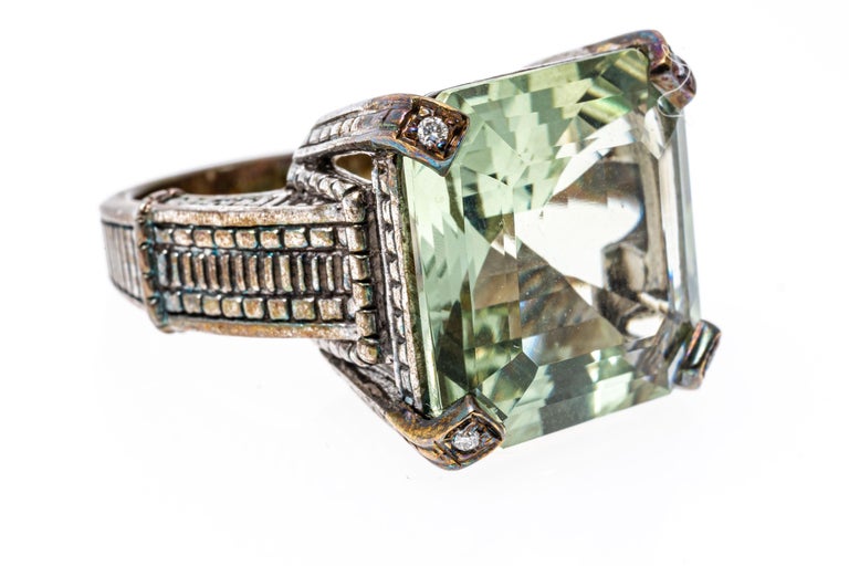Sterling Silver Large Square Faceted Green Prasiolite and Diamond Ring ...