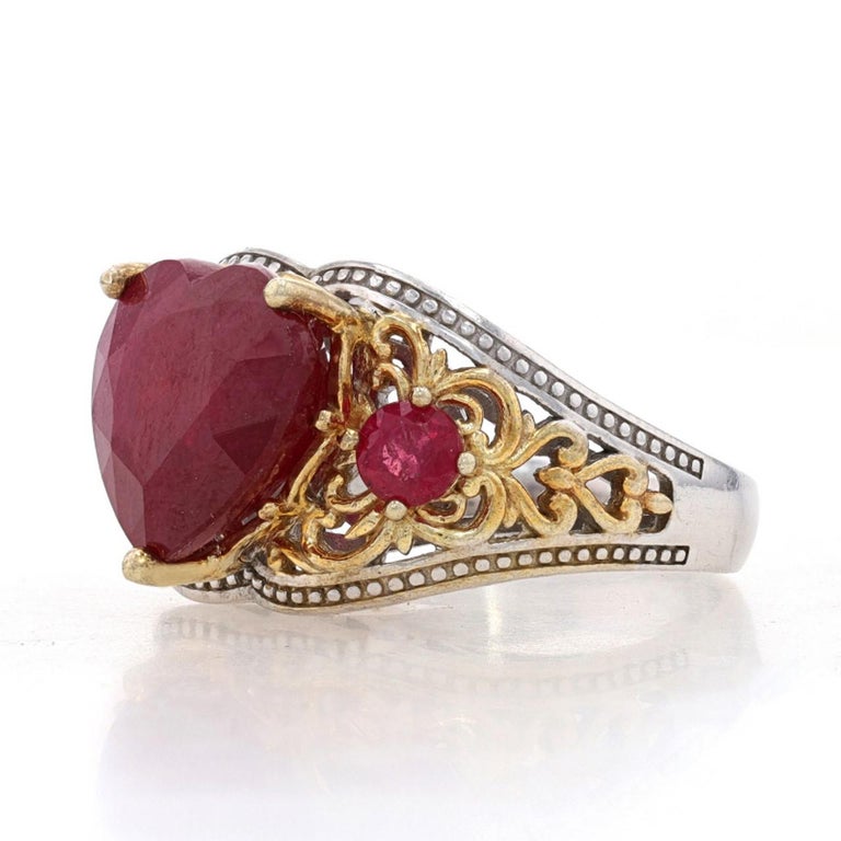 Sterling Silver Lead Glass Filled Ruby Ring 925 Gold Plated Heart For Sale at 1stDibs