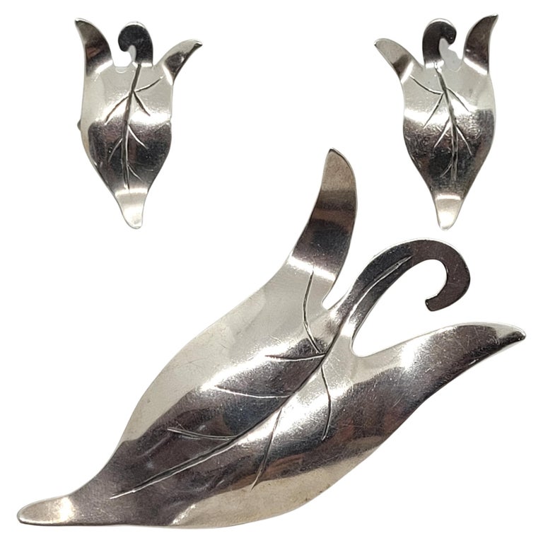 Sterling Silver Leaf Earrings Pin Brooch Set, Hand Wrought, Screw Post ...