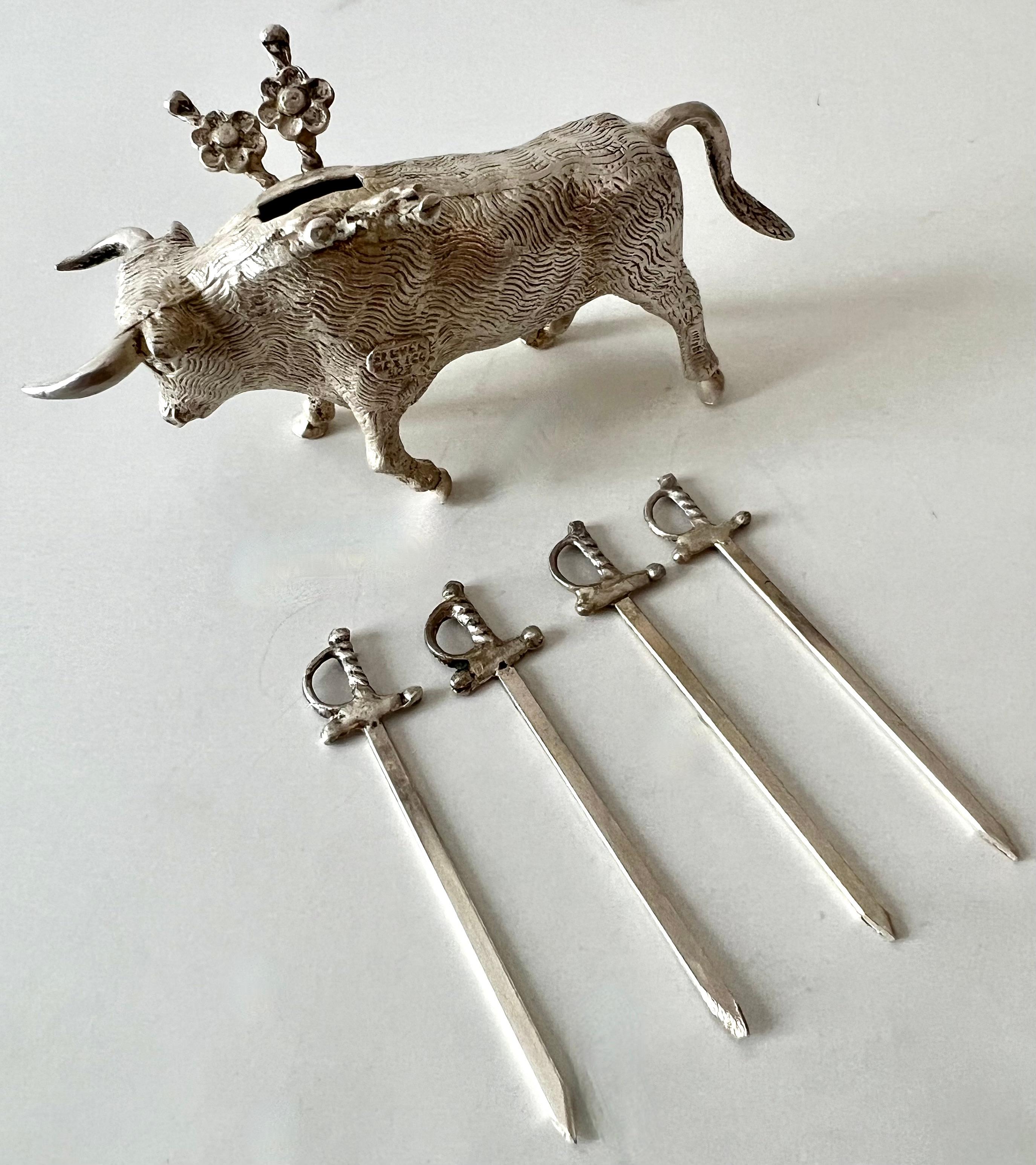 Sterling Silver Mexican Bull with Sword Cocktail Picks For Sale at ...