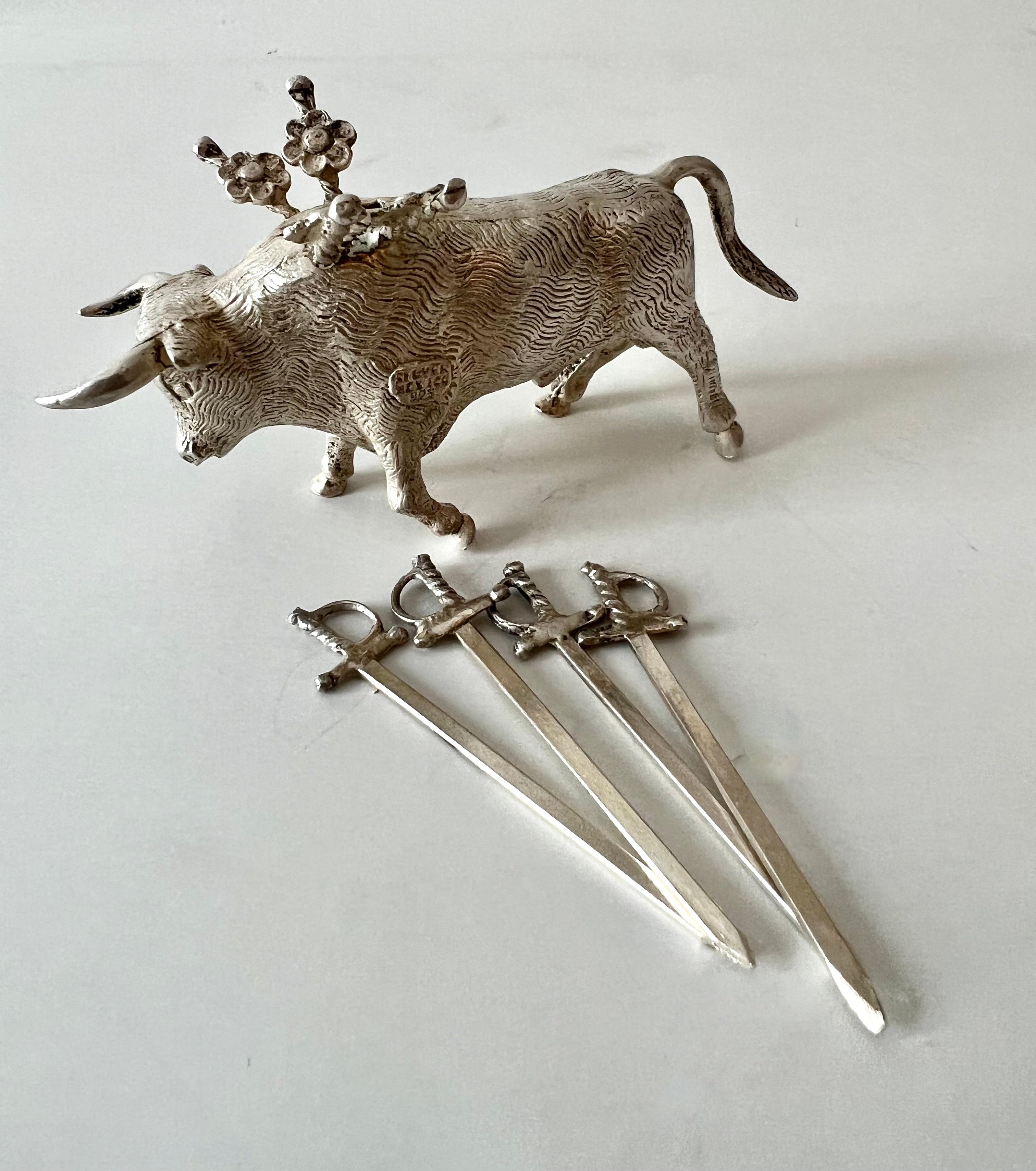 Sterling Silver Mexican Bull with Sword Cocktail Picks For Sale at ...
