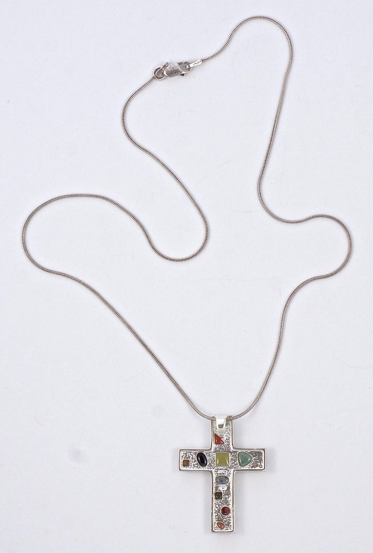 Sterling Silver Multi Coloured Gemstone Cross and Snake Chain Necklace ...