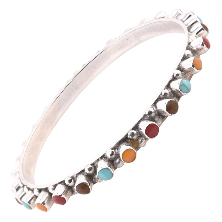 Sterling Silver Multi-Gemstone Bangle Bracelet at 1stDibs