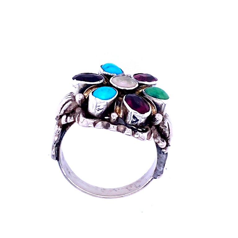 Sterling Silver Multi-Stone Flower Cluster Ring at 1stDibs