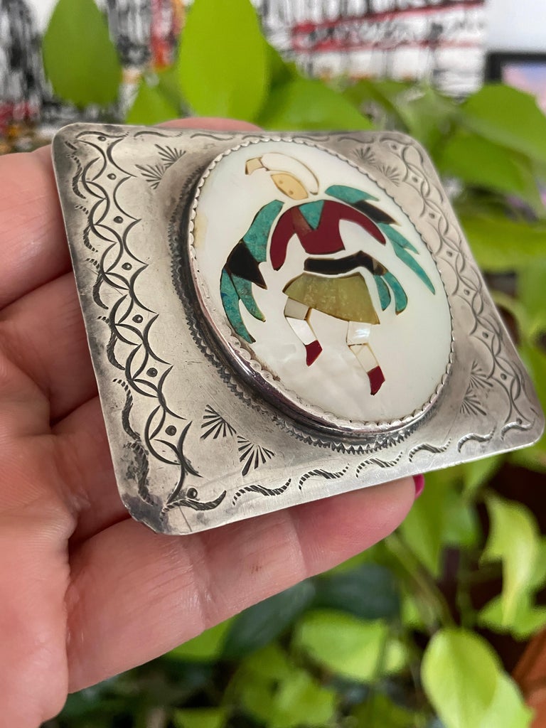 Sterling Silver Native American ZUNI Kachina Inlaid Belt Buckle For ...