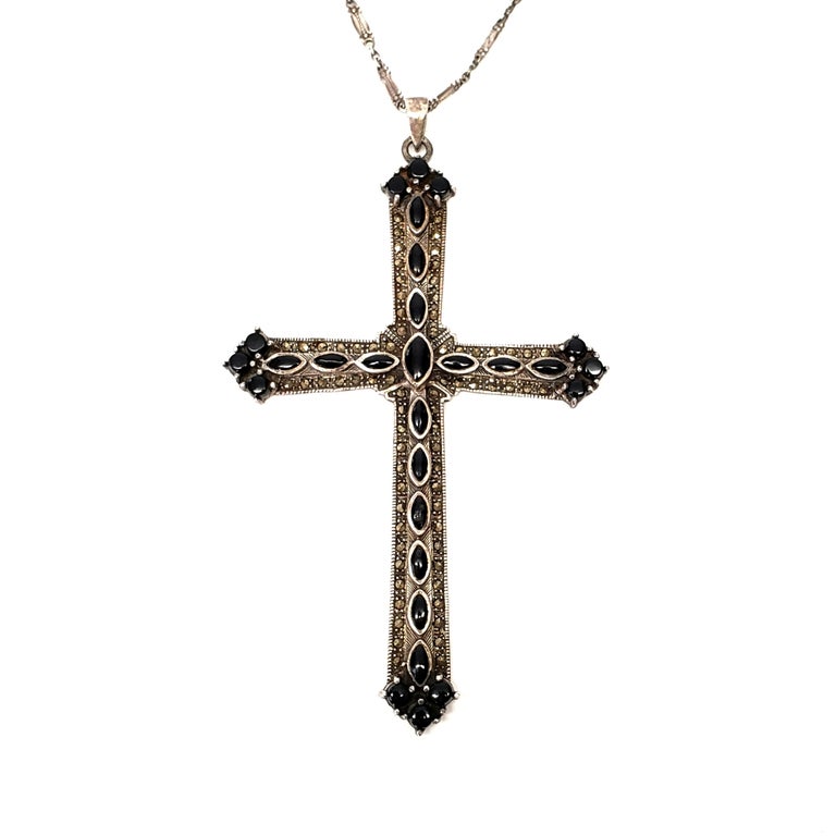 Sterling Silver Onyx Marcasite Cross Pendant with Chain at 1stDibs