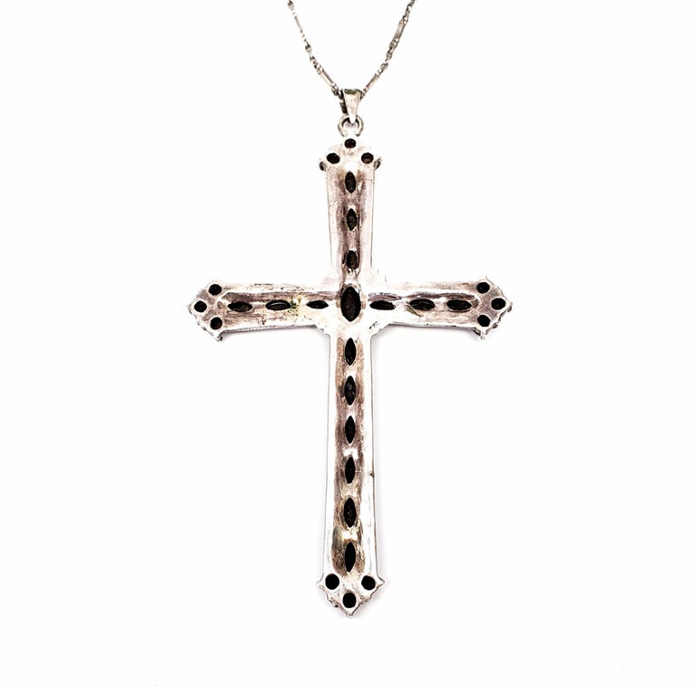Sterling Silver Onyx Marcasite Cross Pendant with Chain at 1stDibs