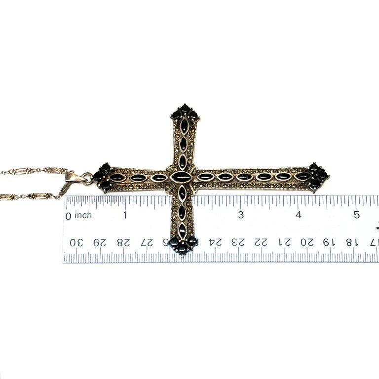 Sterling Silver Onyx Marcasite Cross Pendant with Chain at 1stDibs