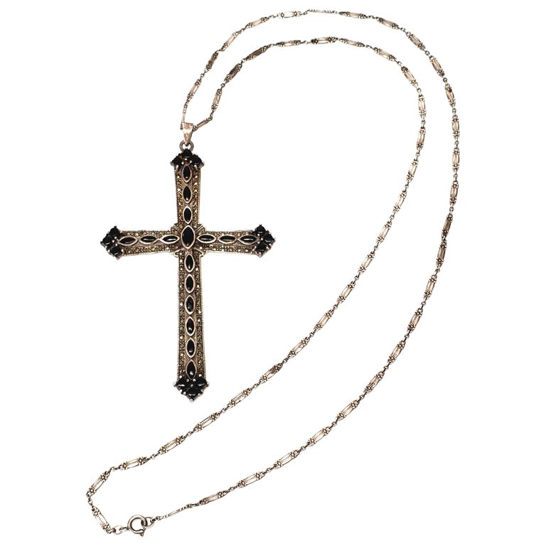 Sterling Silver Onyx Marcasite Cross Pendant with Chain at 1stDibs