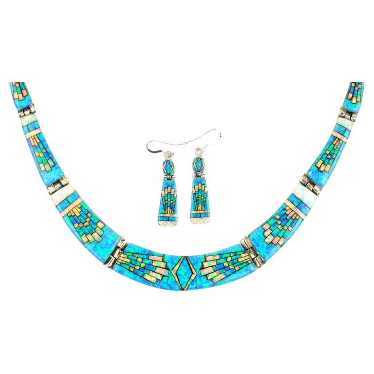 Sterling Silver Opal Inlay Graduated Collar Necklace and Dangle ...